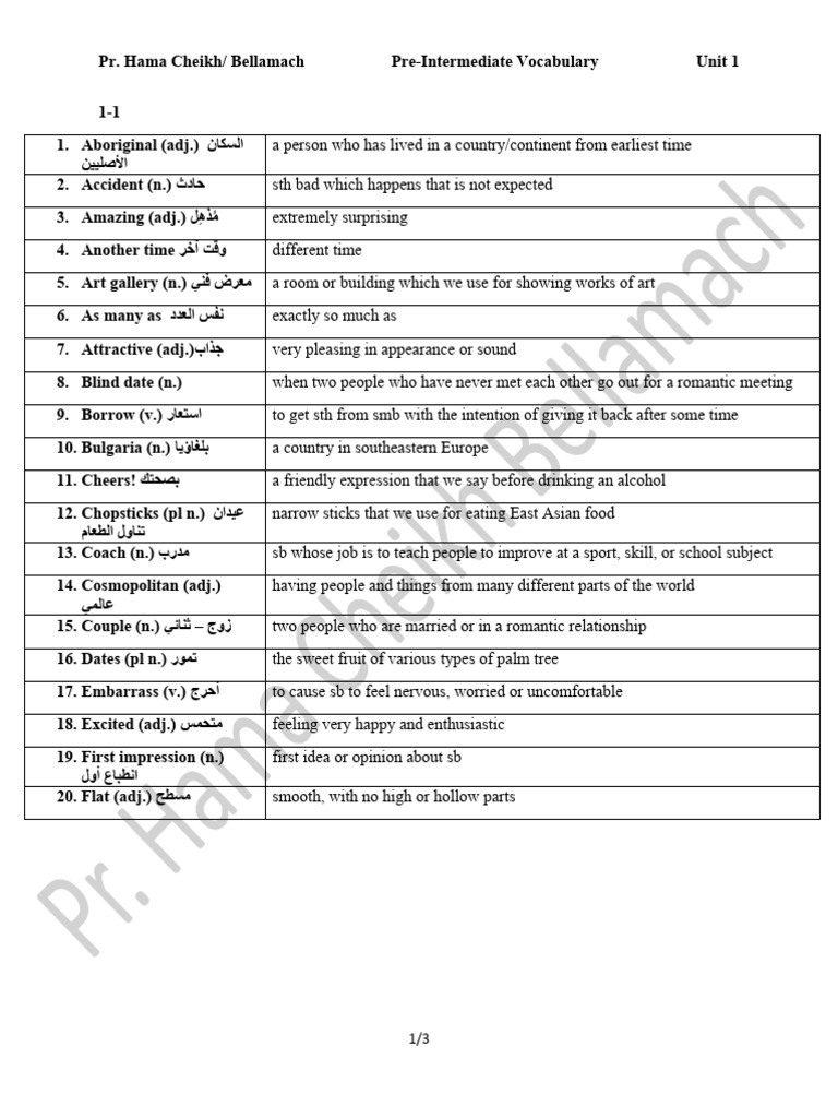 Pre-Intermediate Unit 1 Vocabulary | PDF