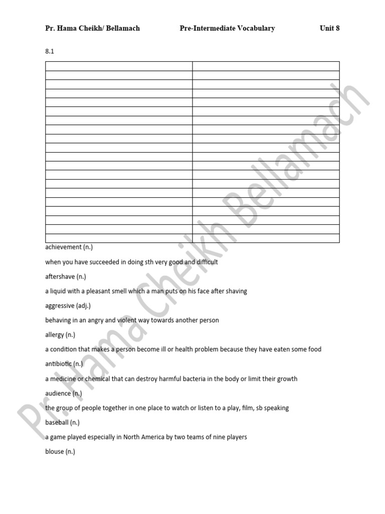 Pre-Intermediate Unit 8 Vocabulary | PDF | Parachuting | Epidemiology