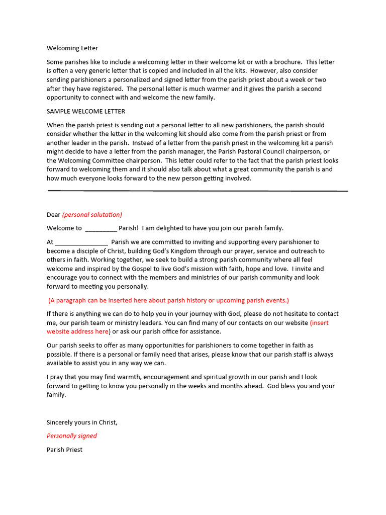 Sample Welcoming Letter | Download Free PDF | Parish | Pastor