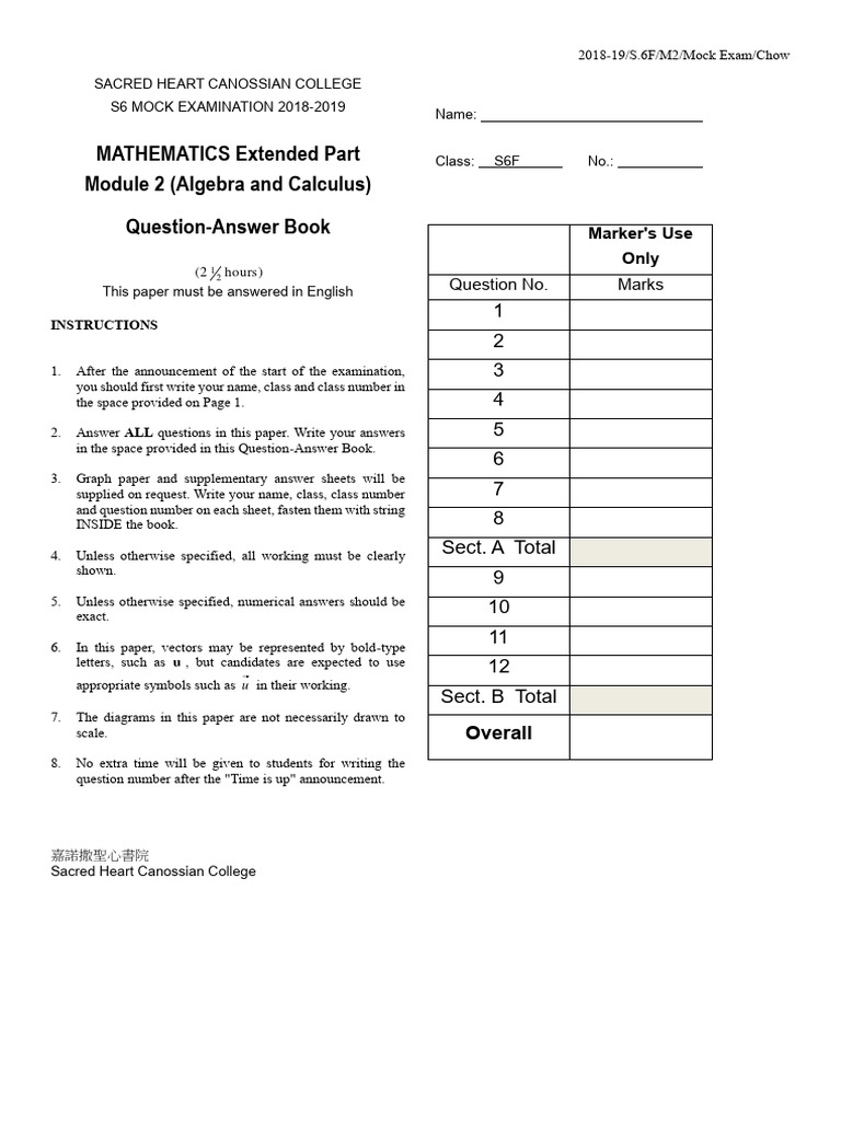 S6 M2 Mock Exam Paper 2018-19 | PDF | Geometry | Mathematical Concepts