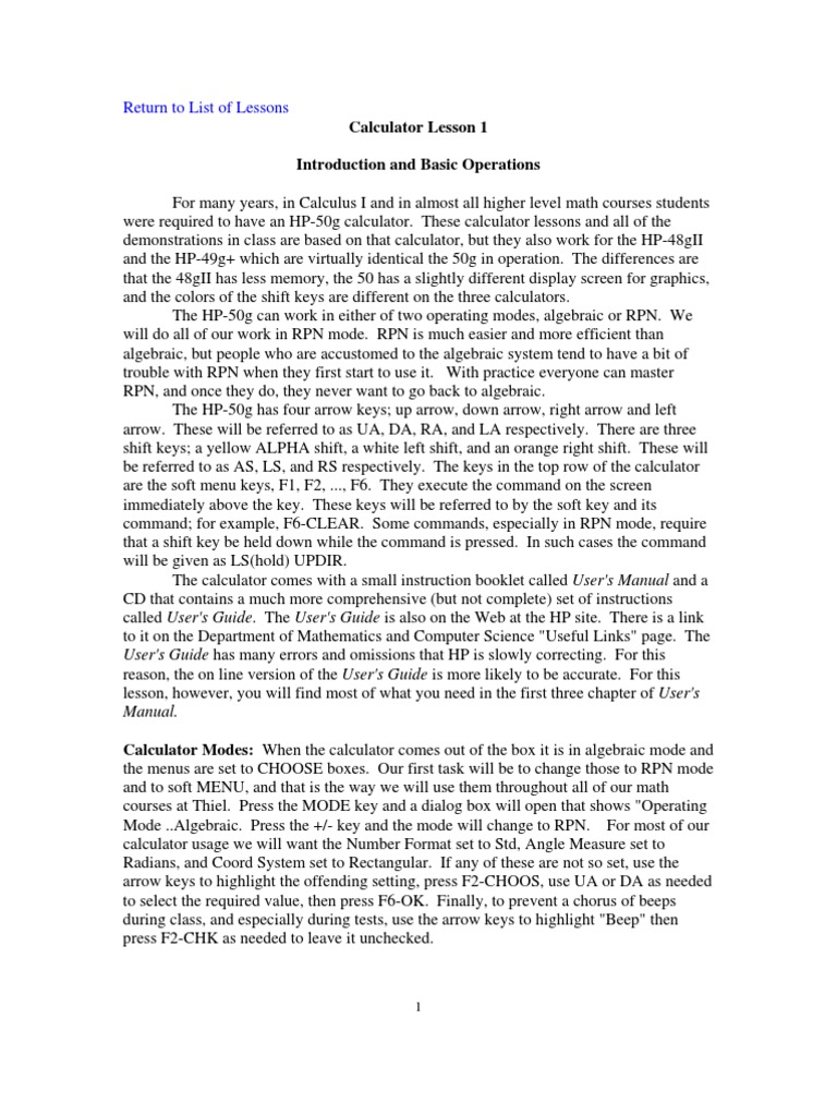Calculator Lesson 1 Introduction and Basic Operations: Return To List ...