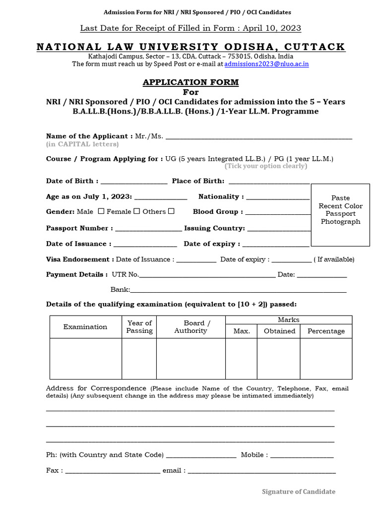 NLU Odisha Admission Form for NRI Candidates | PDF