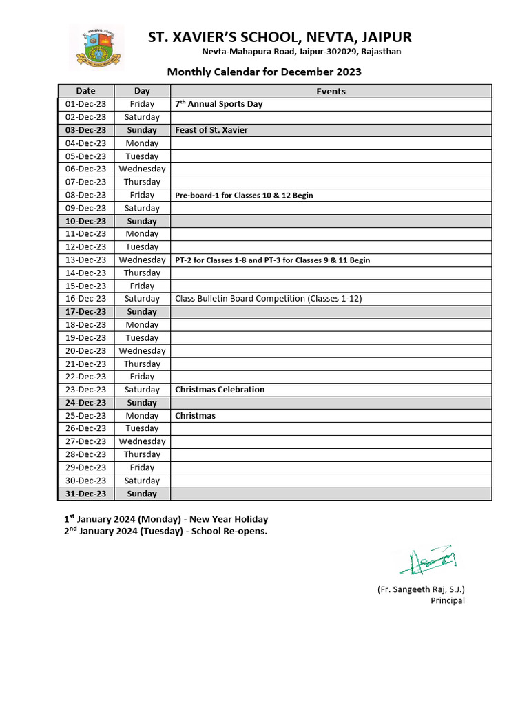 St. Xavier'S School, Nevta, Jaipur: Monthly Calendar For December 2023 ...
