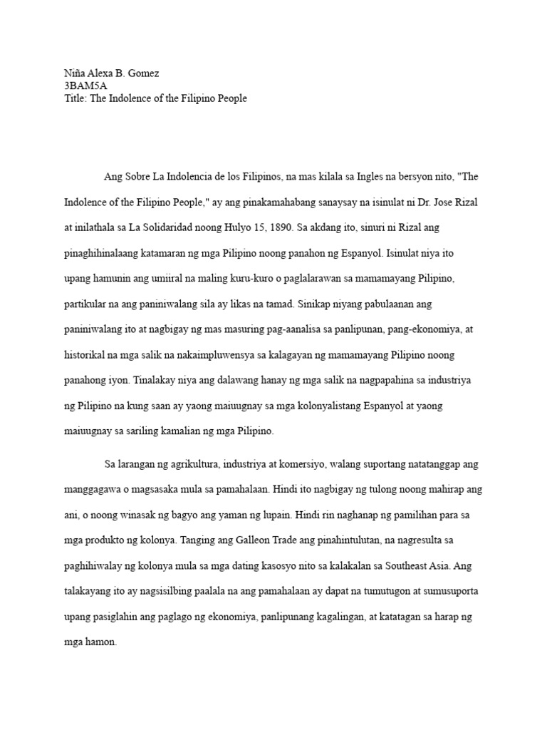 The Indolence of The Filipino People | PDF