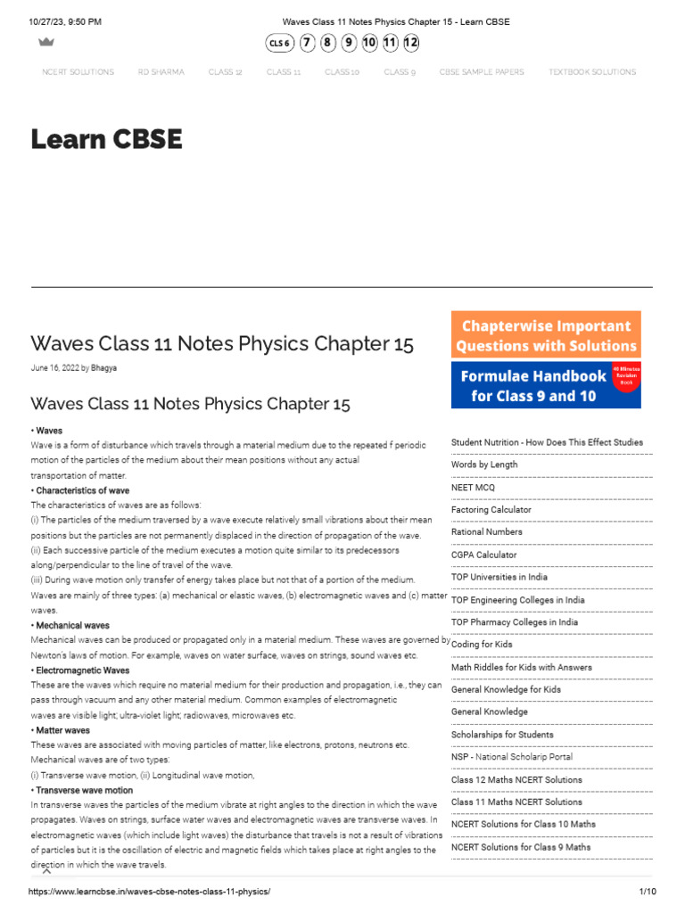 Waves Class 11 Notes Physics Chapter 15 | PDF
