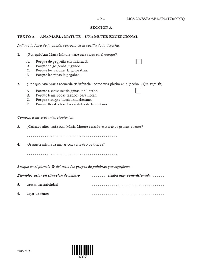 Spanish B SL Paper 1 Question Booklet - Ana Maria Matute | PDF