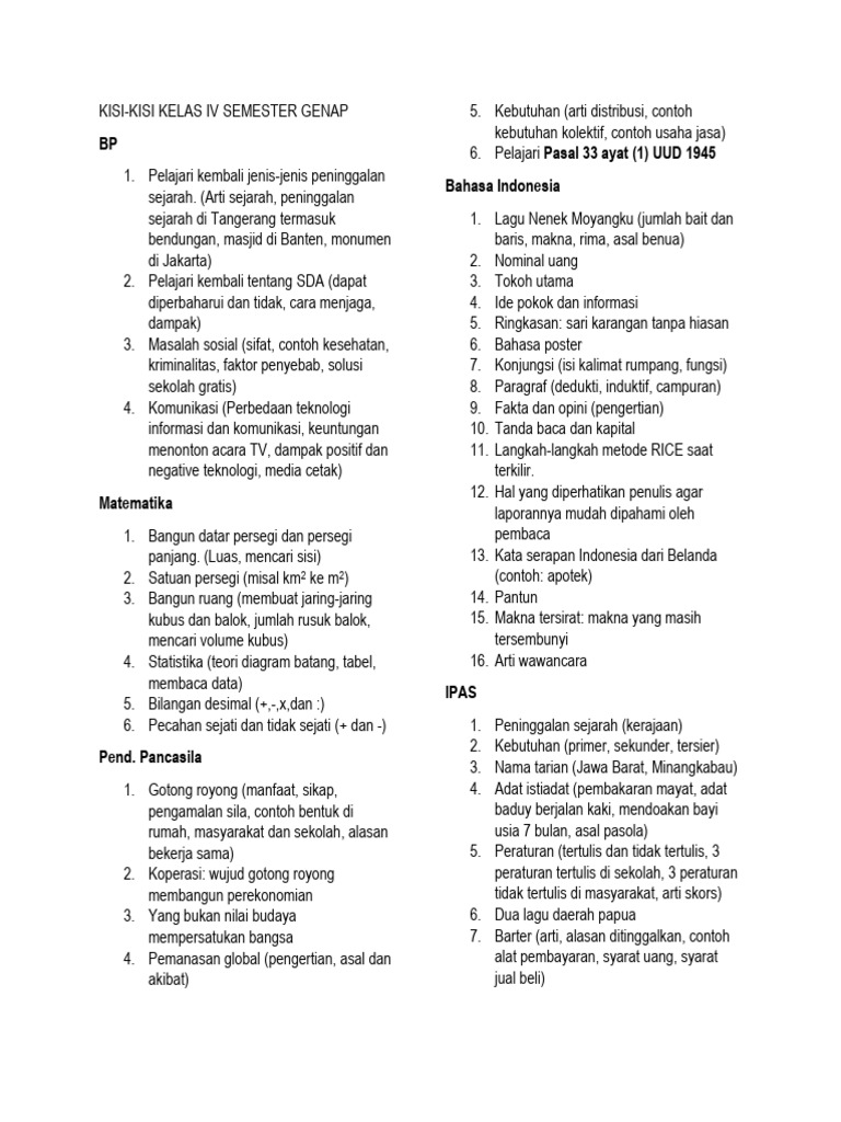 Kisi-Kisi Pas Genap Kelas Iv C | PDF