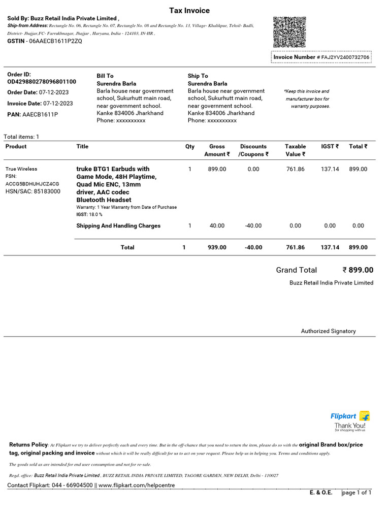 Truke BTG1 Earbuds Invoice | PDF