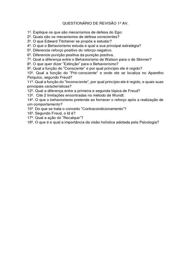 Questionário de Revisão 1 Av | PDF | Carreira e Crescimento
