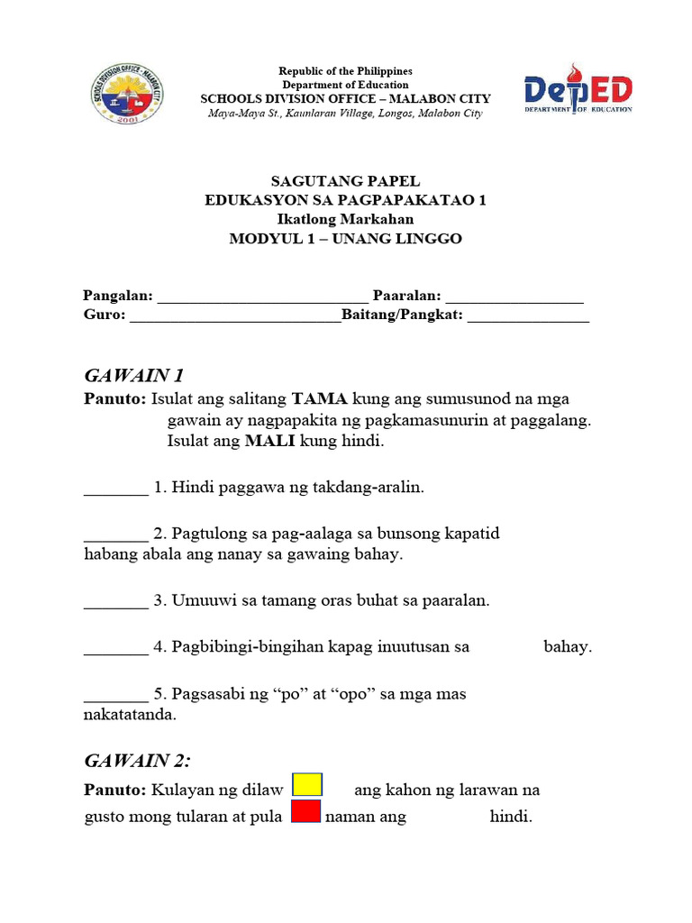 Gr1 Esp 3q Answer Sheets Module 1 5 Done | PDF