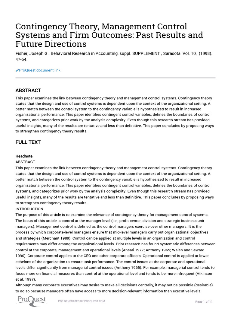 Contingency Theory, Management Control Systems and Firm Outcomes | PDF