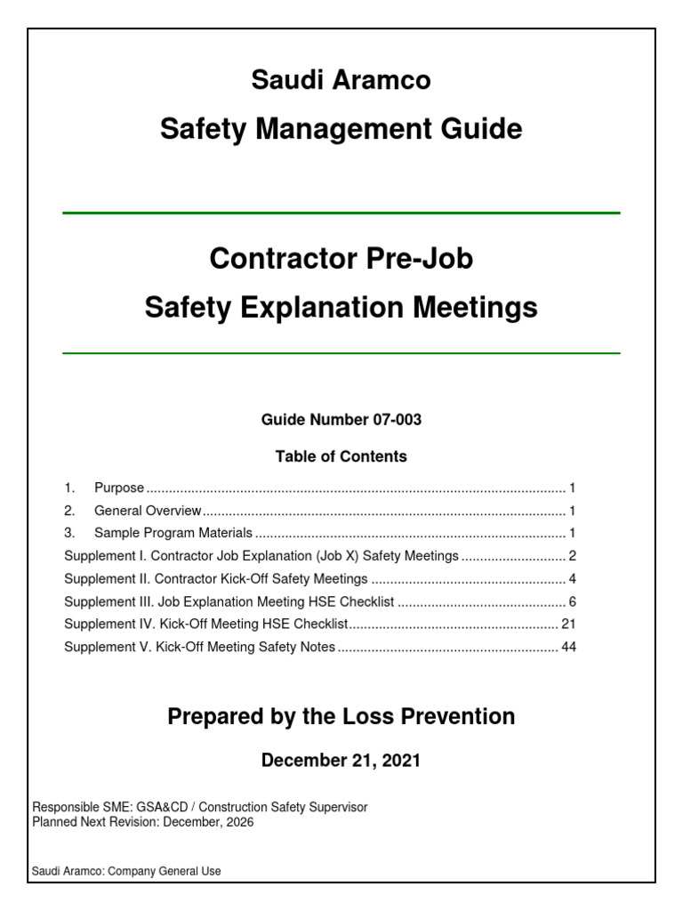 SMG 07-003 Contractor Pre-Job Safety Explanation Meetings Guide 2021-12 ...