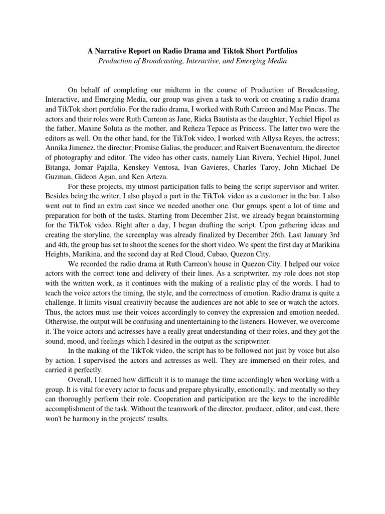 A Narrative Report On Radio Drama and Tiktok Short Portfolios | PDF | Actor