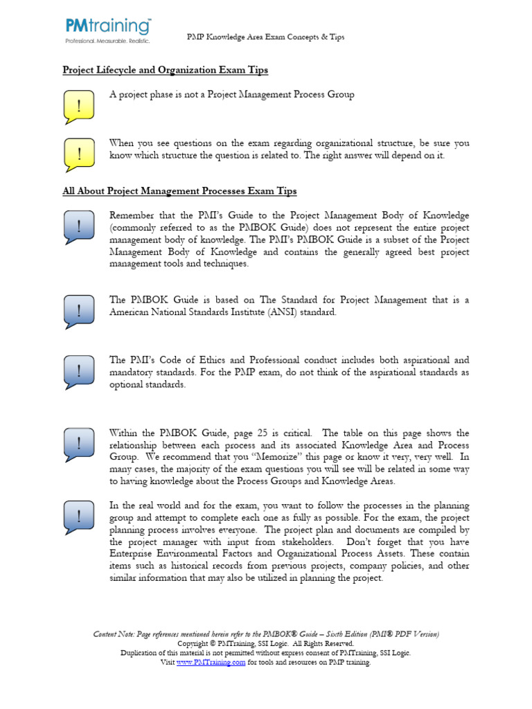 PMTraining PMP Knowledge Area Tips PMBOK6 | PDF | Risk | Project Management Professional