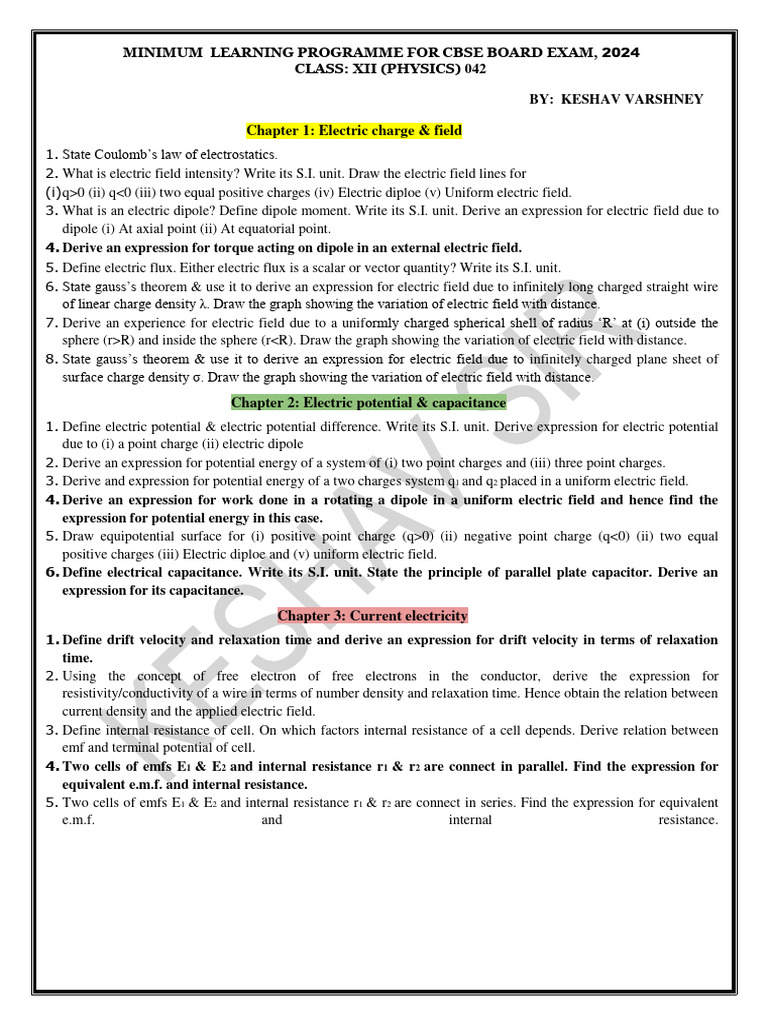 Class 12 Phy Imp Questions | PDF