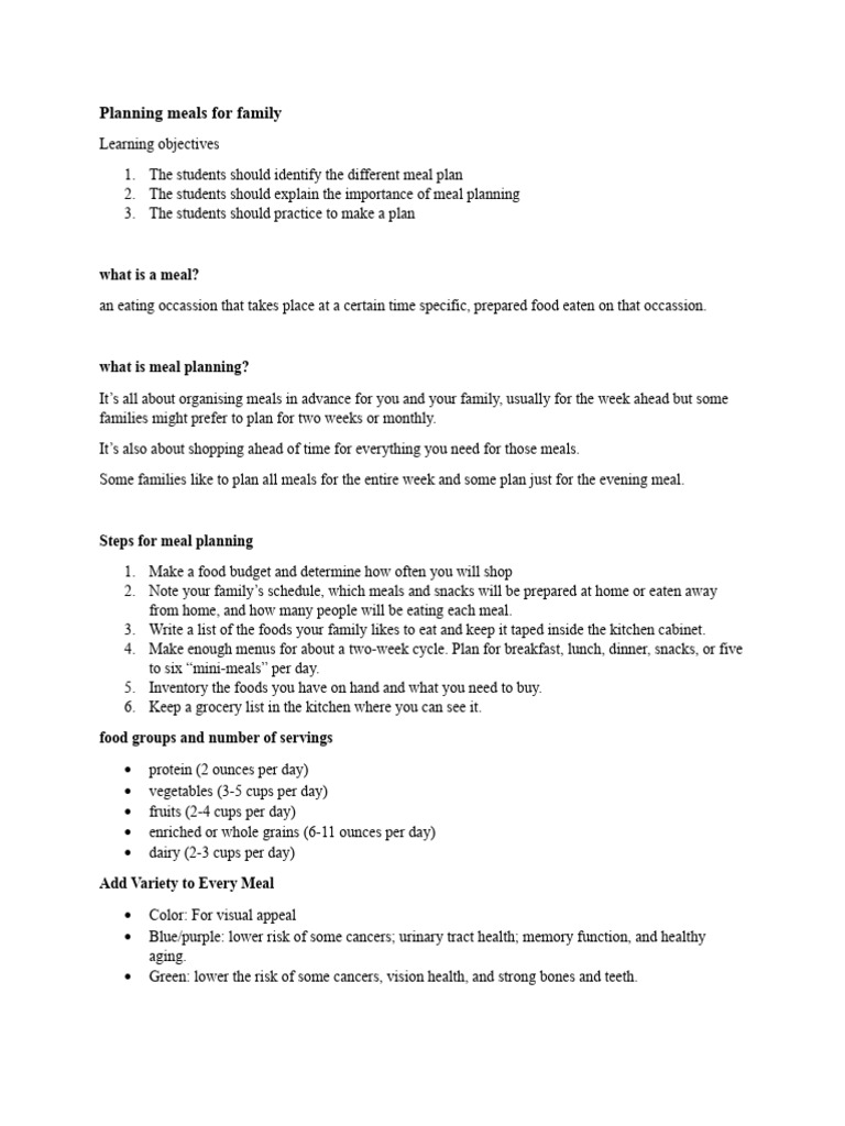 Family Meal Planning Essentials | PDF | Meal | Eating Behaviors Of Humans