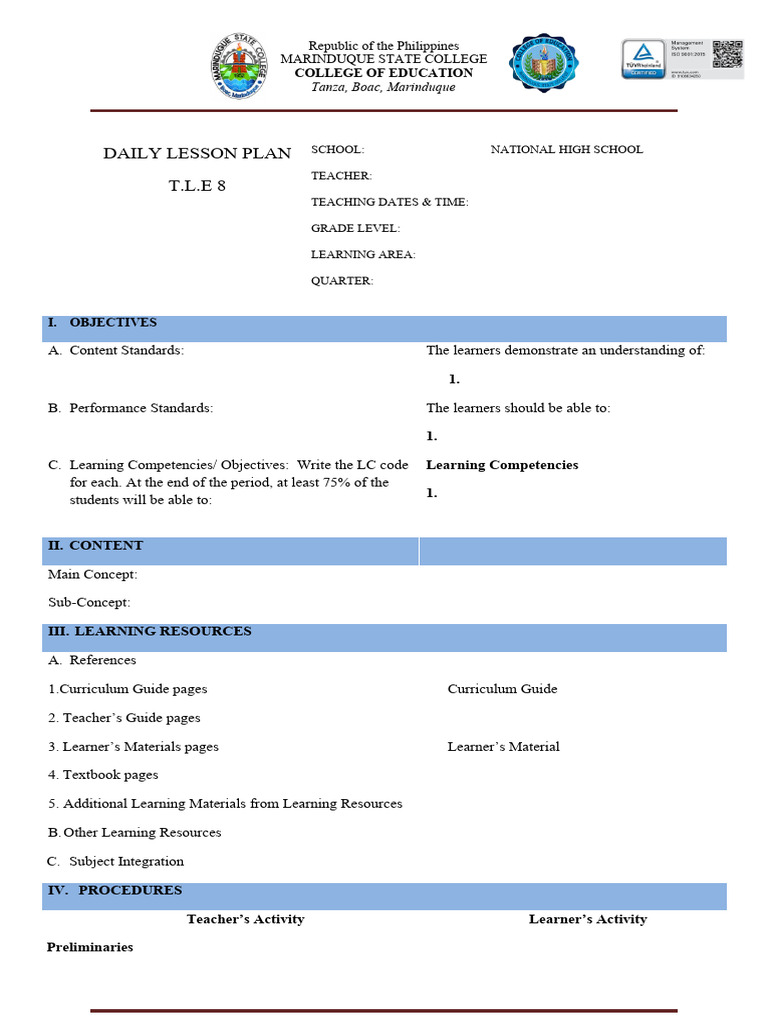 Daily Learning Plan - TEMPLATE | PDF | Learning | Teachers