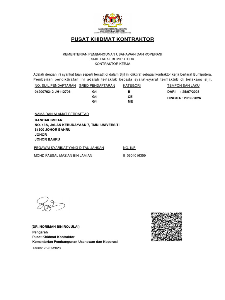 Sijil Taraf Bumiputra Rancak 2023 2026 | PDF
