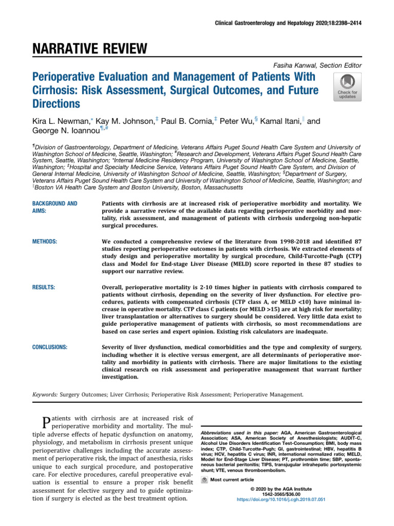 Perioperative Evaluation and Management of Patients With Cirrhosis ...