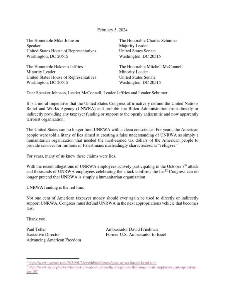 AAF Defund UNRWA Letter | PDF | Unrwa | Politics Of The United States
