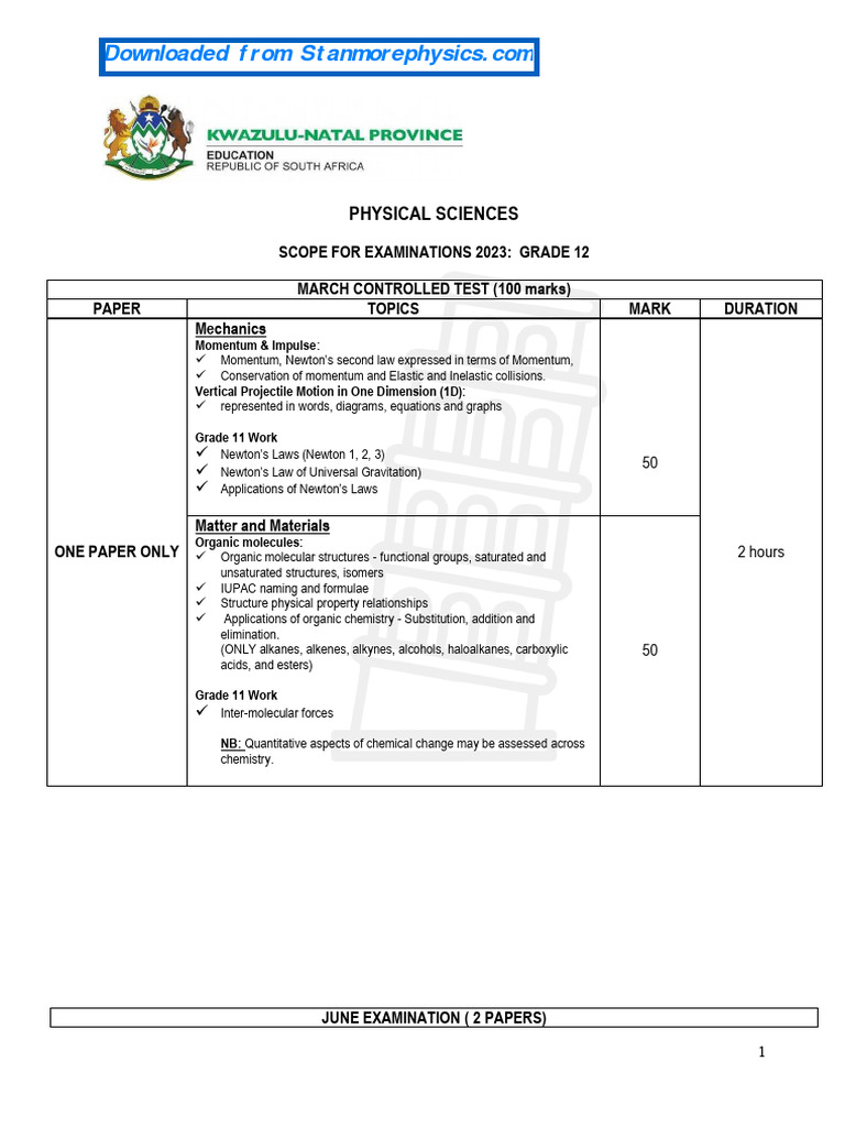 Grade 12 Physical Sciences Exam Scope 2023 | PDF | Chemical Reactions ...