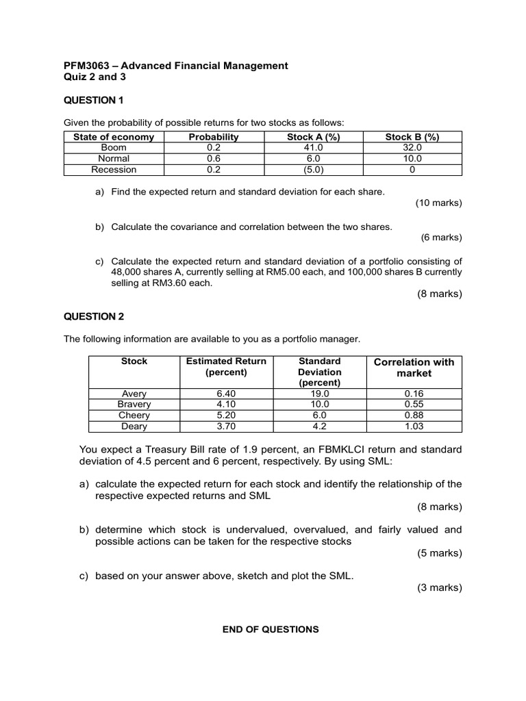 PFM3063 – Advanced Financial Management Quiz 2 and 3 (Dec 2023) | PDF ...