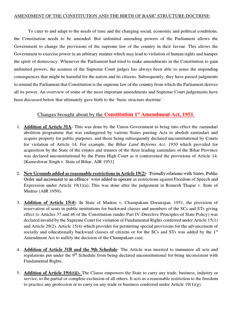Amendment of The Constitution and The Birth of Basic Structure Doctrine | PDF