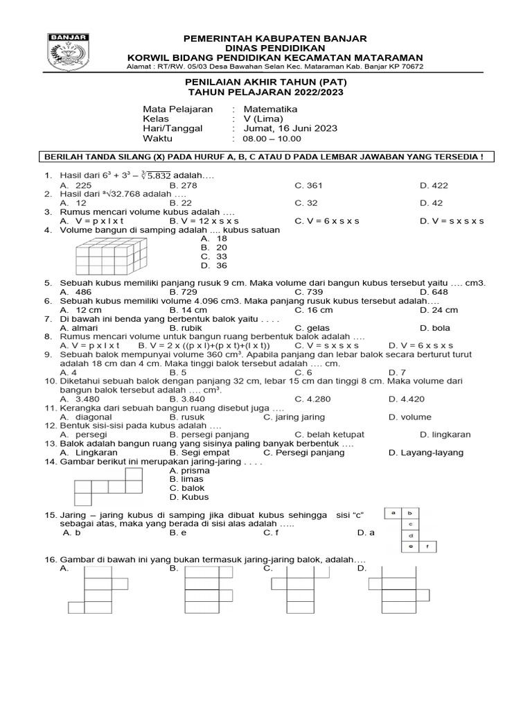 Soal PAT MATEMATIKA Kelas 5 TH 2022-2023 Laras | PDF