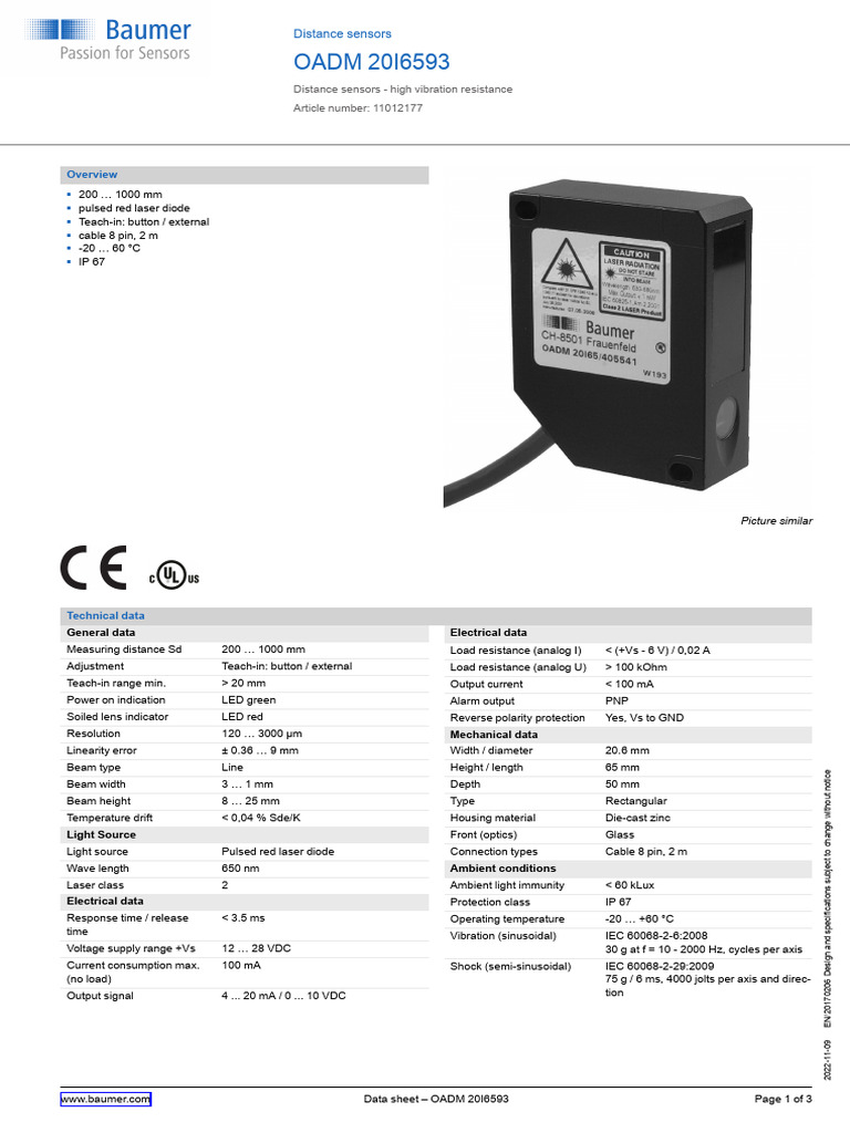 Baumer OADM-20I6593 EN 20221110 DS | PDF