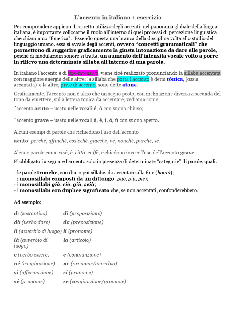 Accenti in Italiano + Esercizio | PDF