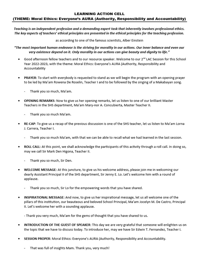 Learning Action Cell Emcee Script | PDF