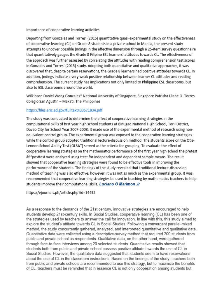 Importance of Cooperative Learning Activities | PDF | Teachers | Learning