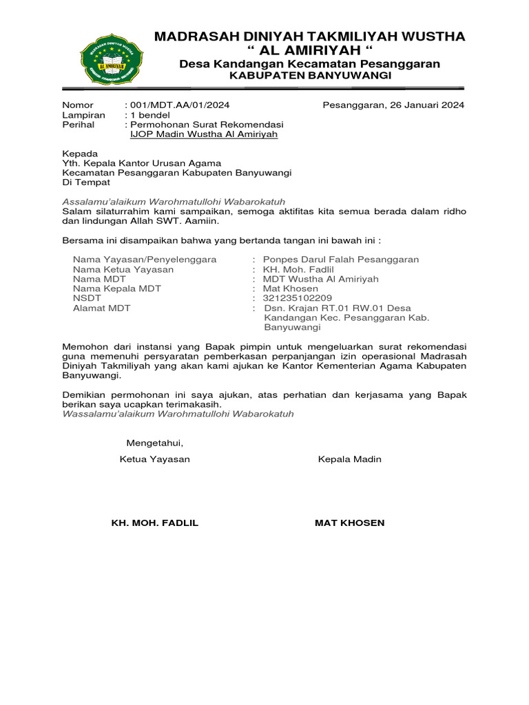 Contoh Surat Permohonan Rekom KUA | PDF