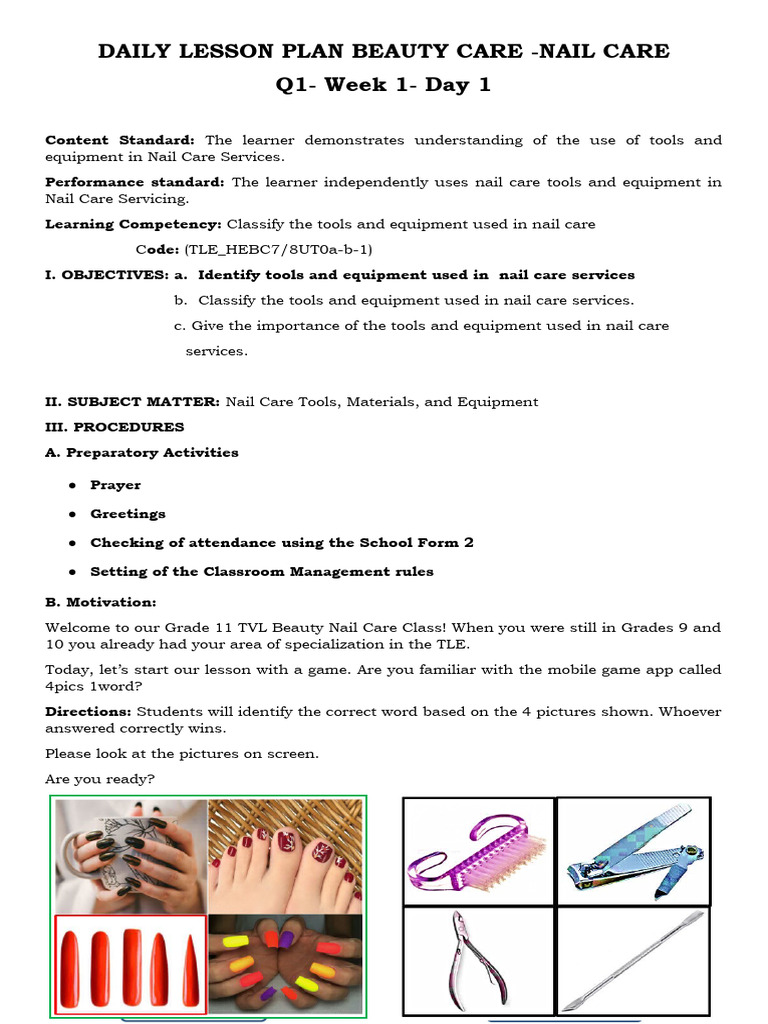 Daily Lesson Plan in Beauty Nail Care (Common) | PDF | Learning ...