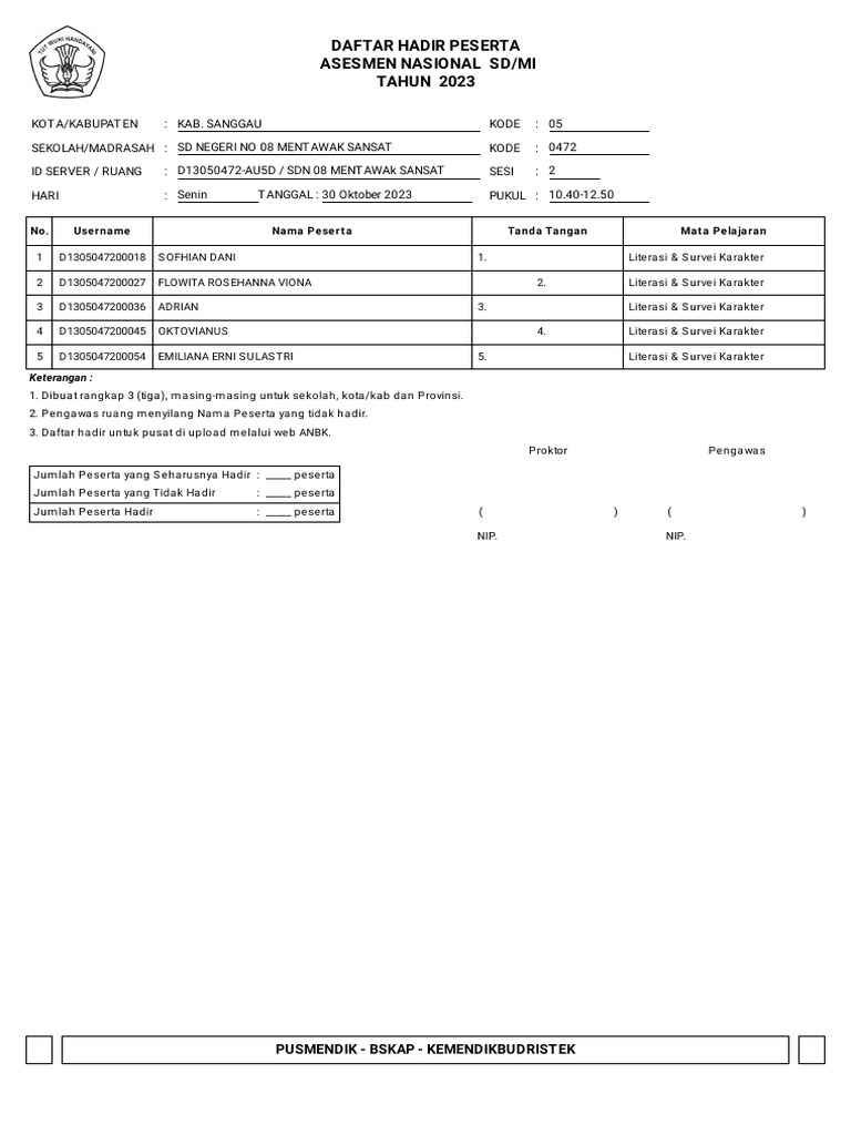Daftar Hadir Sansat | PDF