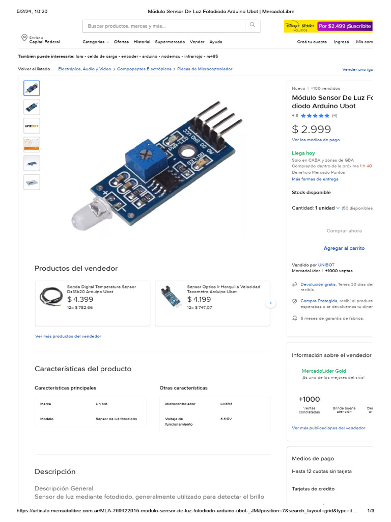 Módulo Sensor de Luz Fotodiodo Arduino Ubot | PDF | Arduino | Corriente eléctrica