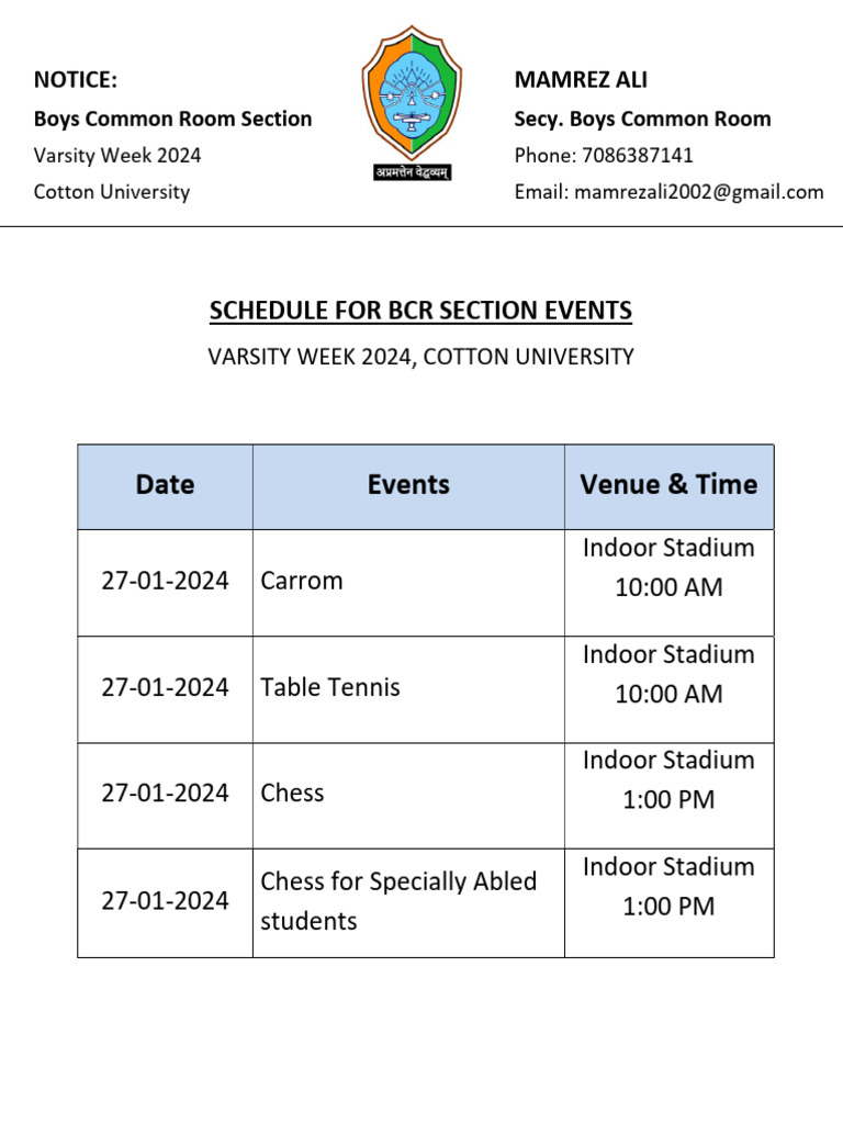 Schedule For Varsity Week 2024 (BCR) | PDF
