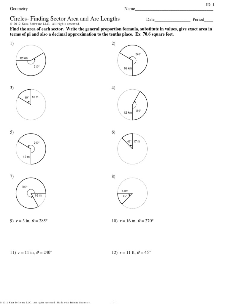 Geometry - Circles - Finding Sector Area and Arc Lengths - Worksheets ...