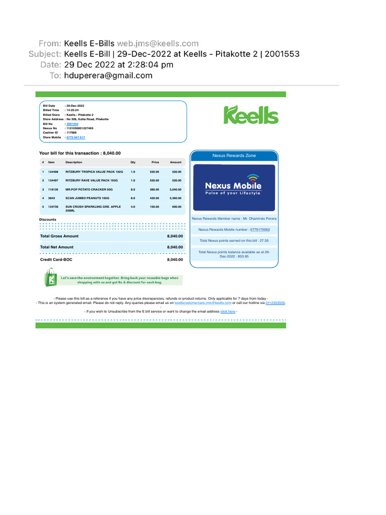 Keells E-Bill 29-Dec-2022 at Keells - Pitakotte 2 2001553 | PDF