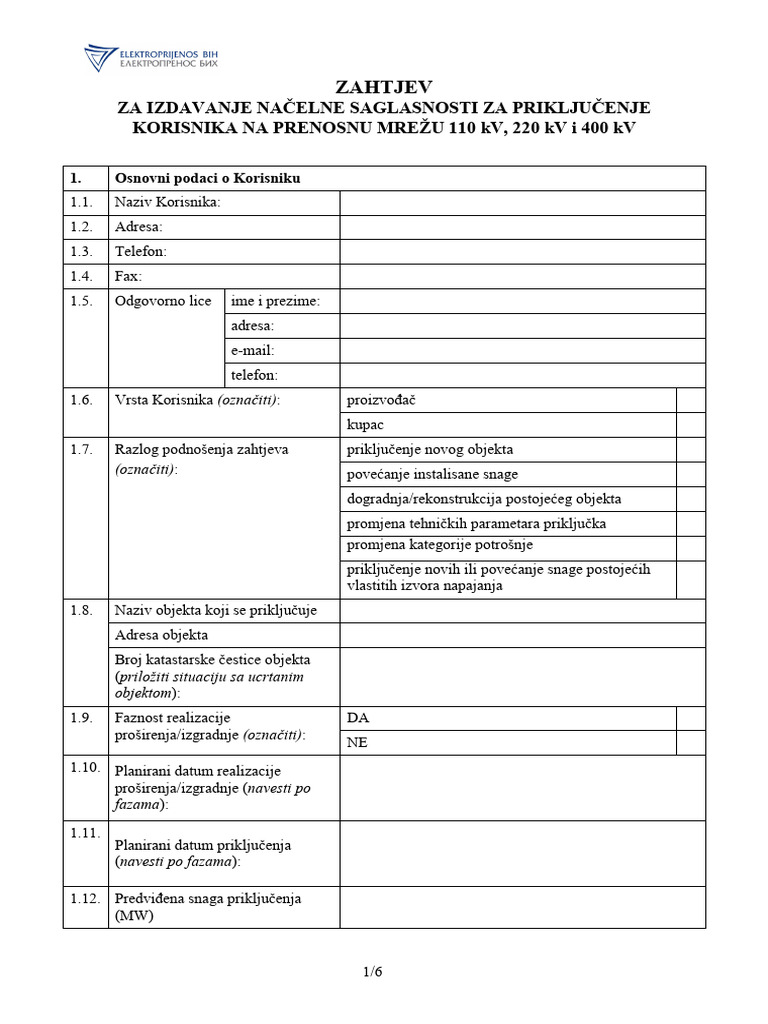 Zahtjev Za Izdavanje Nacelne Saglasnosti Za Prikljucenje Na 110 KV I Vise | PDF
