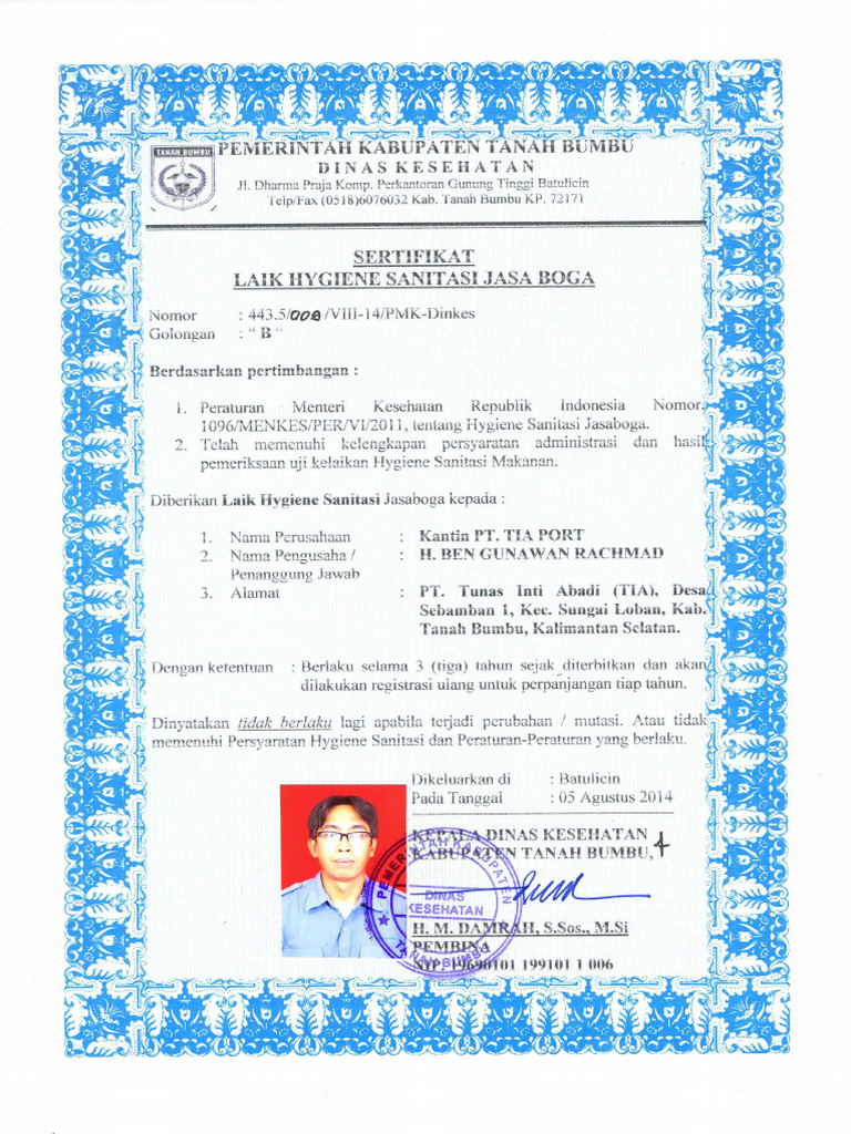 Contoh Sertifikat Laik Higiene PDF | PDF