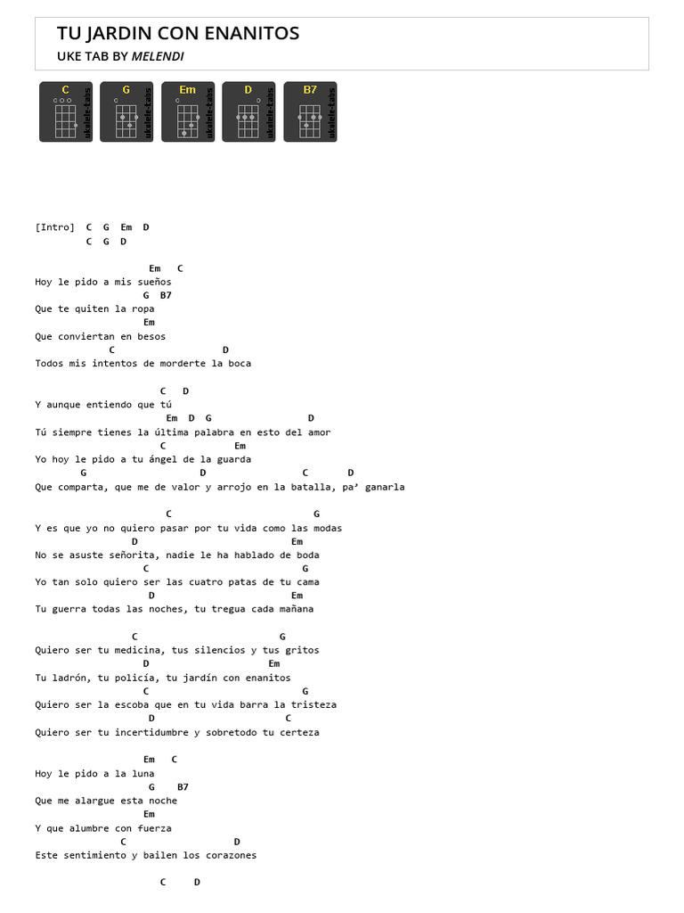 Tu Jardin Con Enanitos Uke Tab by Melendi - Ukulele Tabs | PDF