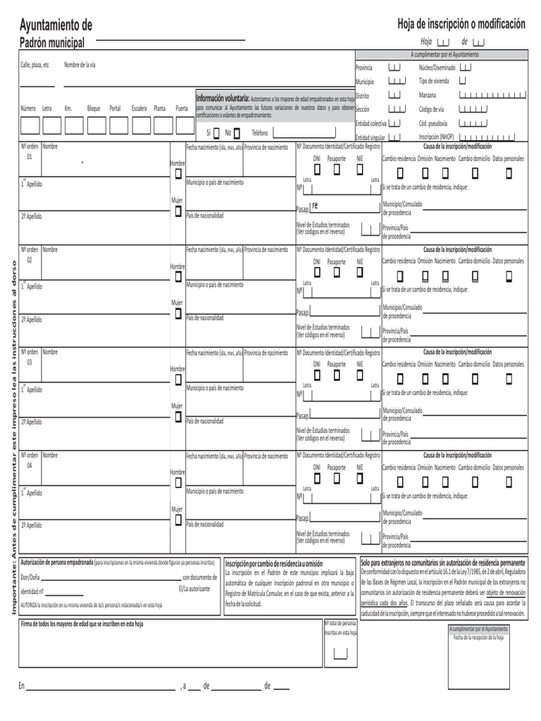 Hoja Inscripcion Padronal Autorrellenable - Modelo | PDF