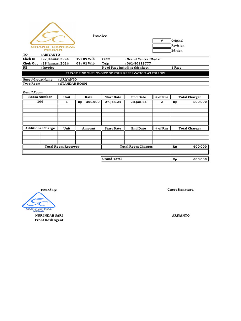 Grand Central Medan Invoice for Ariyanto | PDF