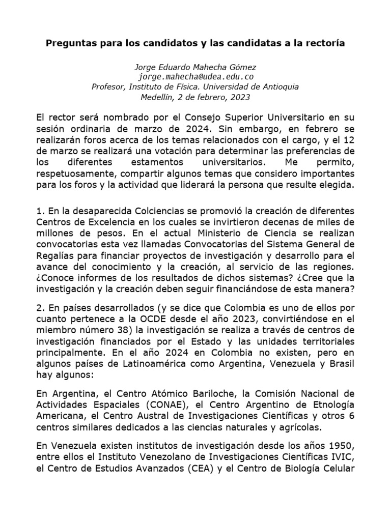 Preguntas candidatos Rector 2024 (UdeA) | PDF | Universidad | Educación más alta