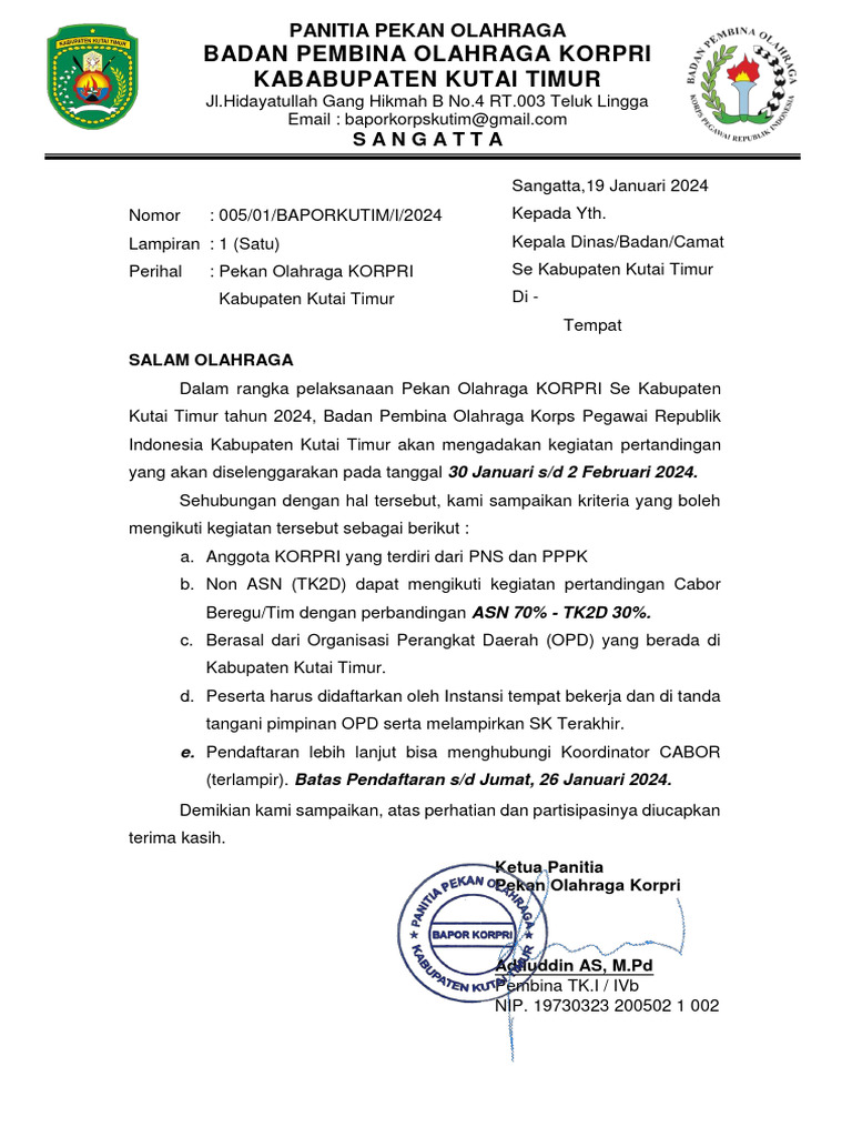 Pekan Olahraga KORPRI Kutai Timur 2024 | PDF