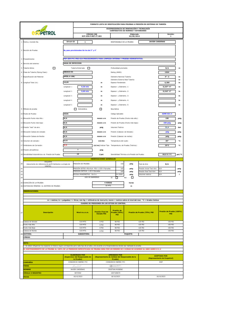 ECP-VIN-P-MET-FT-003 Checklist Pruebas A Presion en Sistemas de Tuberias | PDF
