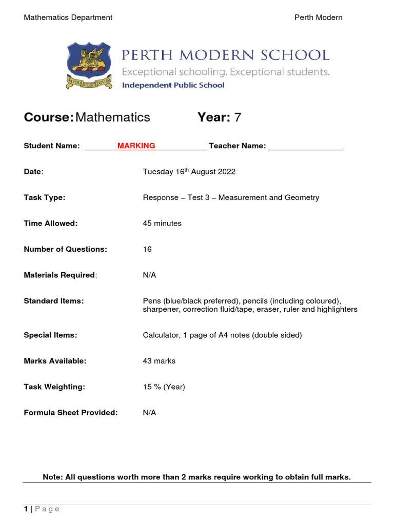 2022 Year 7 Test 3 - Measurement and Geometry (Solutions) | PDF