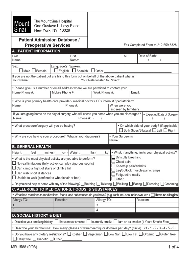Health Questionnaire - Mount Sinai Hospital | PDF | Surgery | Allergy