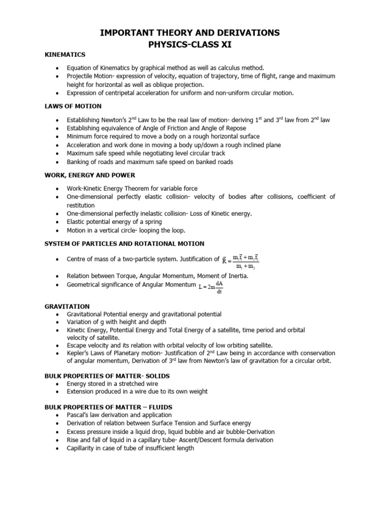 Important Theory and Derivations For Class Xi | PDF | Teaching Methods & Materials | Science ...